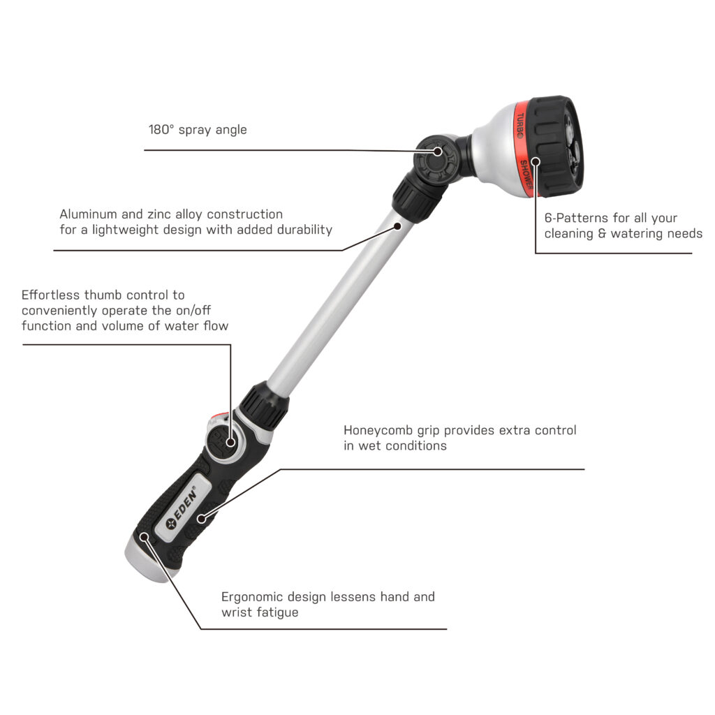 PRO Metal 6-Pattern 18” Thumb-Control Turbo Watering Wand - Eden Garden