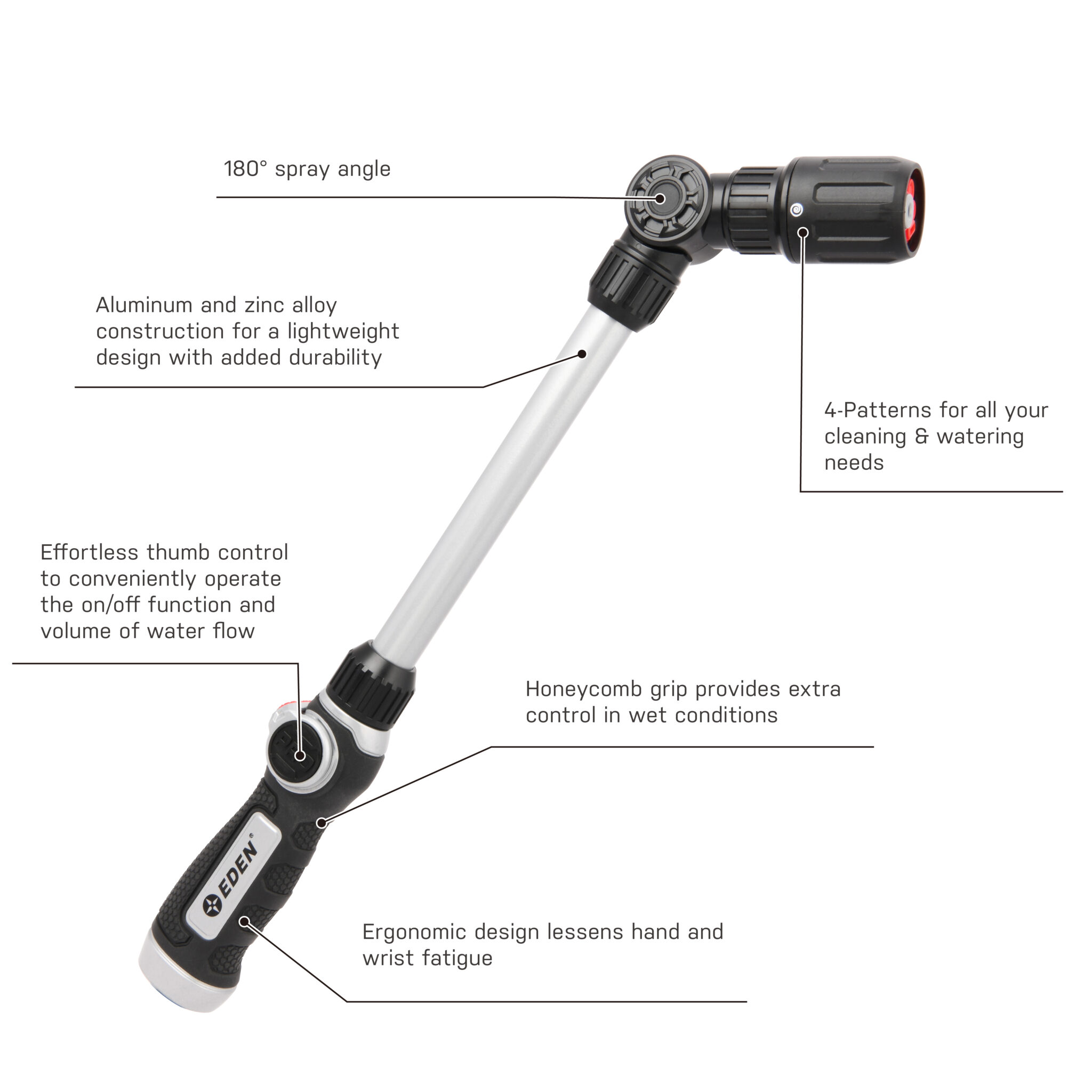 PRO Metal 4-Pattern 18” Thumb-Control Turbo Watering Wand - Eden Garden