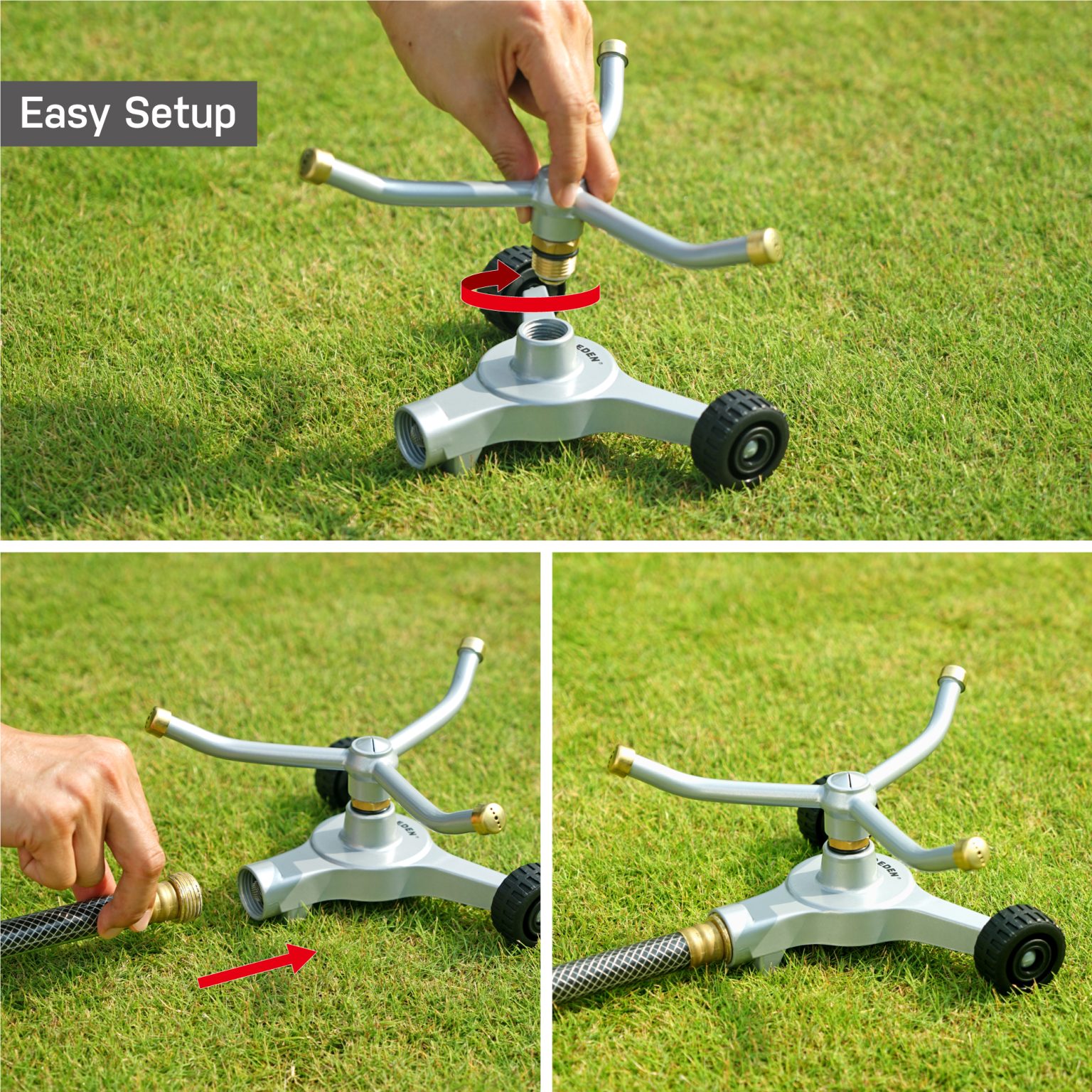 Metal 3-Arm Revolving Sprinkler on Wheel Base - Eden Garden